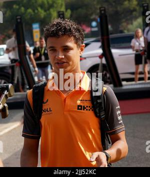 McLaren driver Lando Norris of Britain stands in the pit during a ...
