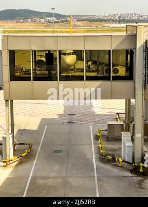 View of a jet bridge. This boarding gate is a mobile mechanism to ...
