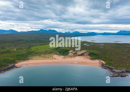 Aerial view of Red Point (Redpoint) beach in Wester Ross, Scotland, UK ...