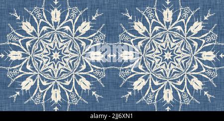 Farmhouse blue snow flake border background. Frosty batik french effect ...