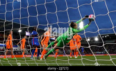 Netherlands goalkeeper Daphne van Domselaar makes a save during the ...