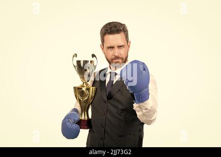 boss show victory and authority. businessman in boxing gloves with ...