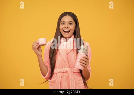 good energetic morning. kid wear soft night suit. child in cozy ...