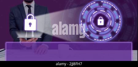 Businessman Holding A Tablet Projecting The Lock In A Glowing ...