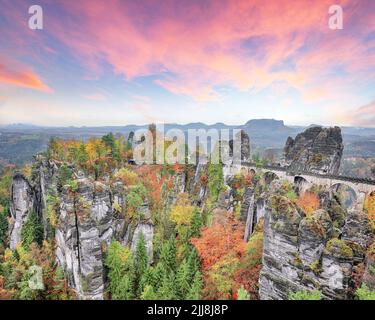 Fabulous autumn view of Bastei bridge. Picturesque morning scene of ...