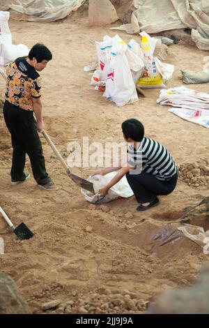 Archaeological excavation. Archaeologists carefully remove debris from ...
