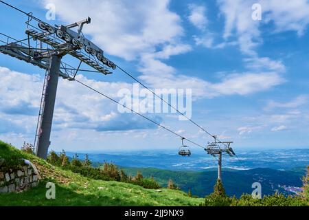 Open cable car line. Karpacz resort in Poland with lift road. Chairlift ...