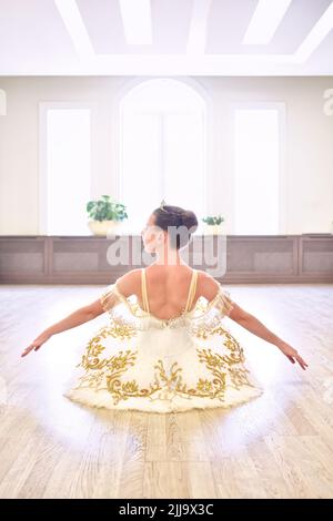 Back, ballet and woman with fitness, mirror and training for a ...