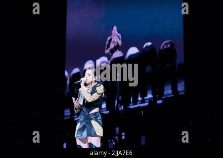 Spanish singer Rosalía is seen performing on stage during a Motomati ...