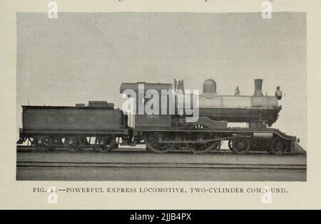 Compound steam locomotive. 19th-century illustration of a side view and ...