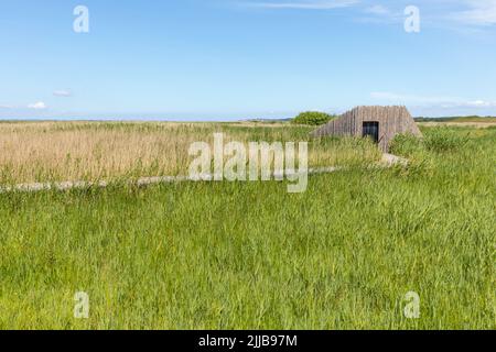 Entrance to observation hide at Tryggelev Nor bird sanctuary, Langeland ...