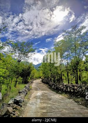 View of the narrow long street surrounded by buildings Stock Photo - Alamy