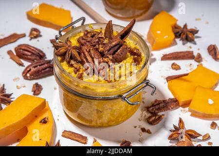 Pumpkin pie oatmeal with yogurt and pecan nuts, healthy autumn ...