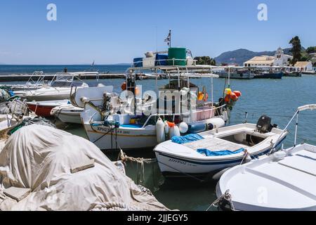 Fishing boats in port in Kanoni area of Corfu city on the island of ...