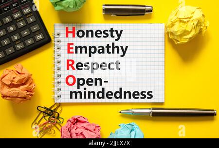 HERO honesty empathy respect open-mindedness symbol. Concept words HERO ...