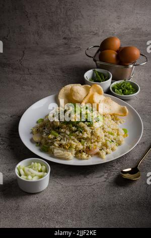 Fried rice or nasi goreng kampung, with scrambled egg, spring onion and ...