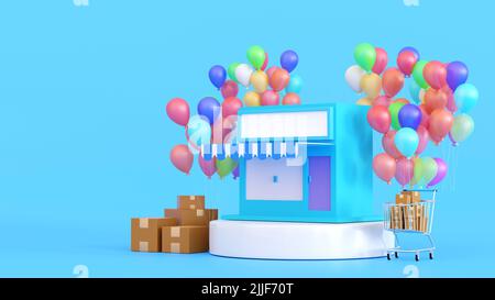 Promotion stage show with shopping cart, parcel box and balloon for ...