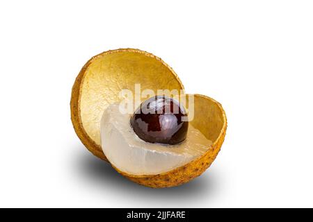 Peeled juicy fresh longan with translucent pulp, black seed and peel ...