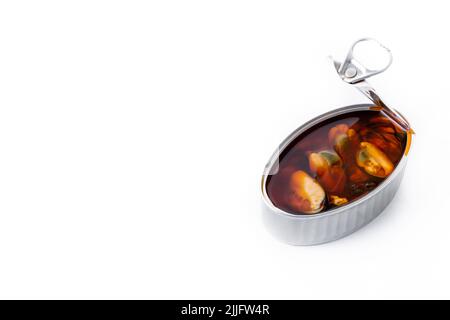 A can of preserves with mussels, isolated on white background. Food ...