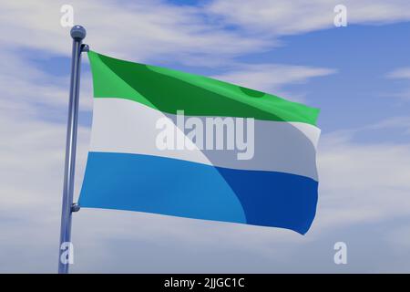 Waving flag of Sierra Leone with chrome flag pole in blue sky waving in the wind. High ...
