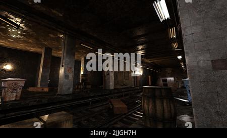 3D-illustration of a destroyed and abandoned subway station Stock Photo ...