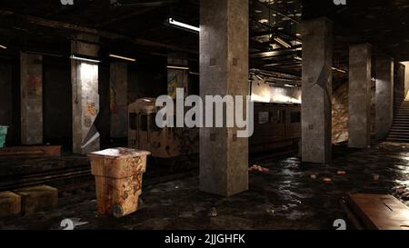 3D-illustration of a destroyed and abandoned subway station Stock Photo ...