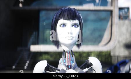 Female robot, droid. Futuristic city. flying car traffic. megapolice ...