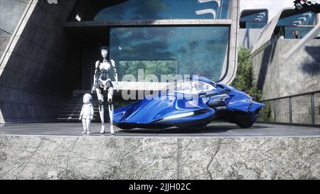 Female robot with baby robot, droid. Futuristic city. flying car ...