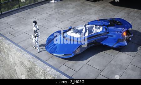 Female robot with baby robot, droid. Futuristic city. flying car ...