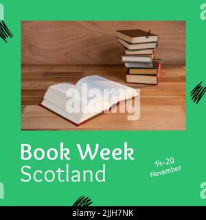 Composition of book week scotland text with book on pink background ...