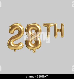 3d illustration of 28th golden balloons isolated on white background ...