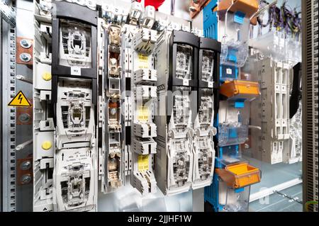 A closeup shot of an electrical switchboard with fuses and wires Stock ...
