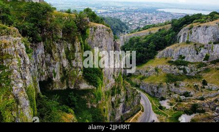 An aerial view of the road through the Cheddar Gorge in the United ...