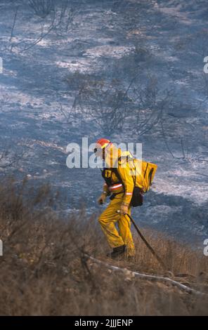 Firefighters working the flank of a fire in San Diego, California Stock ...
