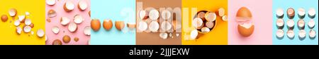 Collage with broken egg shells on color background Stock Photo - Alamy