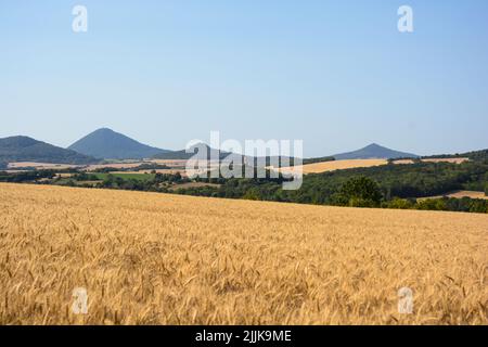 Landscape of Castle Skalka in České středohoří with mountains around ...