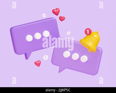 Notification bell with speech bubble with text and heart shapes 3d ...