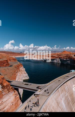 An aerial view of the historic Glen Canyon Dam with low water levels in ...