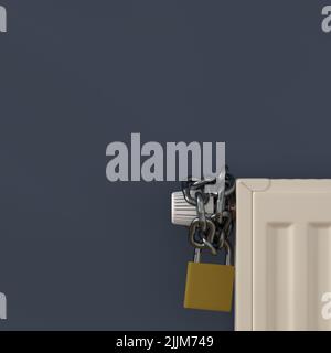 Chain with padlock wrapped around a radiator thermostat, energy saving ...