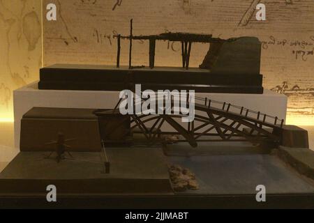 A closeup of model bridges made from Leonardo's sketches at Leonardo da ...