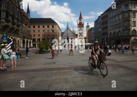 Landmarks Marienplatz and the Radshaus in the city centre of Munich in ...