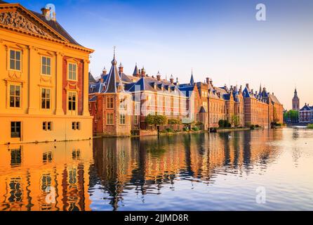 Binnenhof castle (Dutch Parliament) cityscape downtown skyline of Hague ...