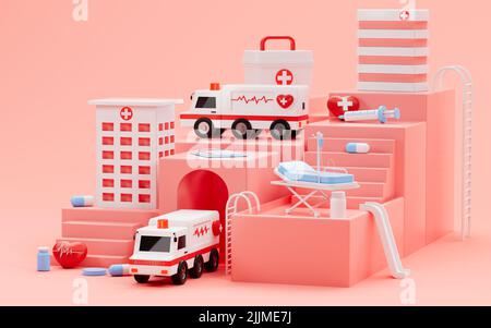 Ambulance pulled out of the pink hospital, pink hospital scene and ...