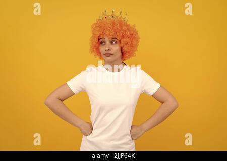 happy freaky woman in curly clown wig for party, fun. Woman isolated ...