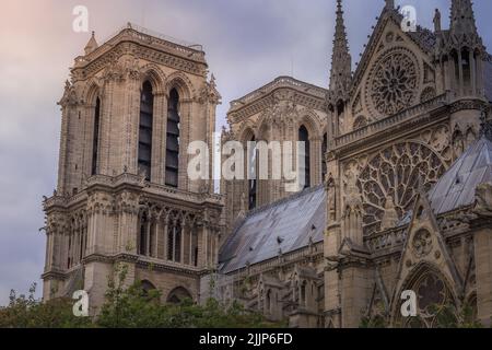 Notre Dame of Paris spire, columns and archs, back view, France Stock ...