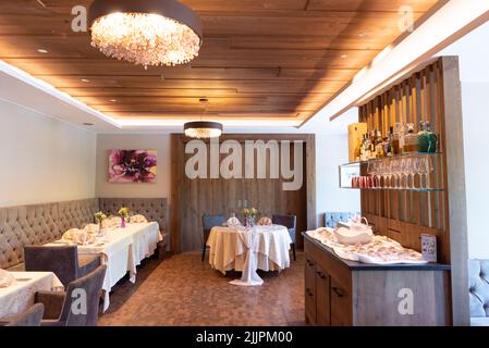 shot of wedding restaurant filled with tables ready for party Stock ...
