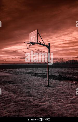 An abandoned basketball court. An old basketball backboard without a ...