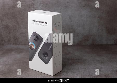 Insta360 ONE X2 new package camera box against a modern contemporary ...