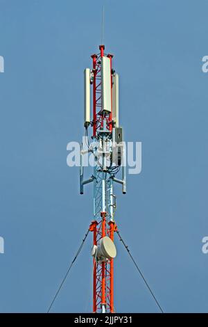 Closeup of mobile phone antenna transmission tower. 4G 5G ...