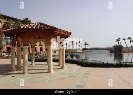 A landscape with a rotunda on large patio area at a resort in Lake Las ...